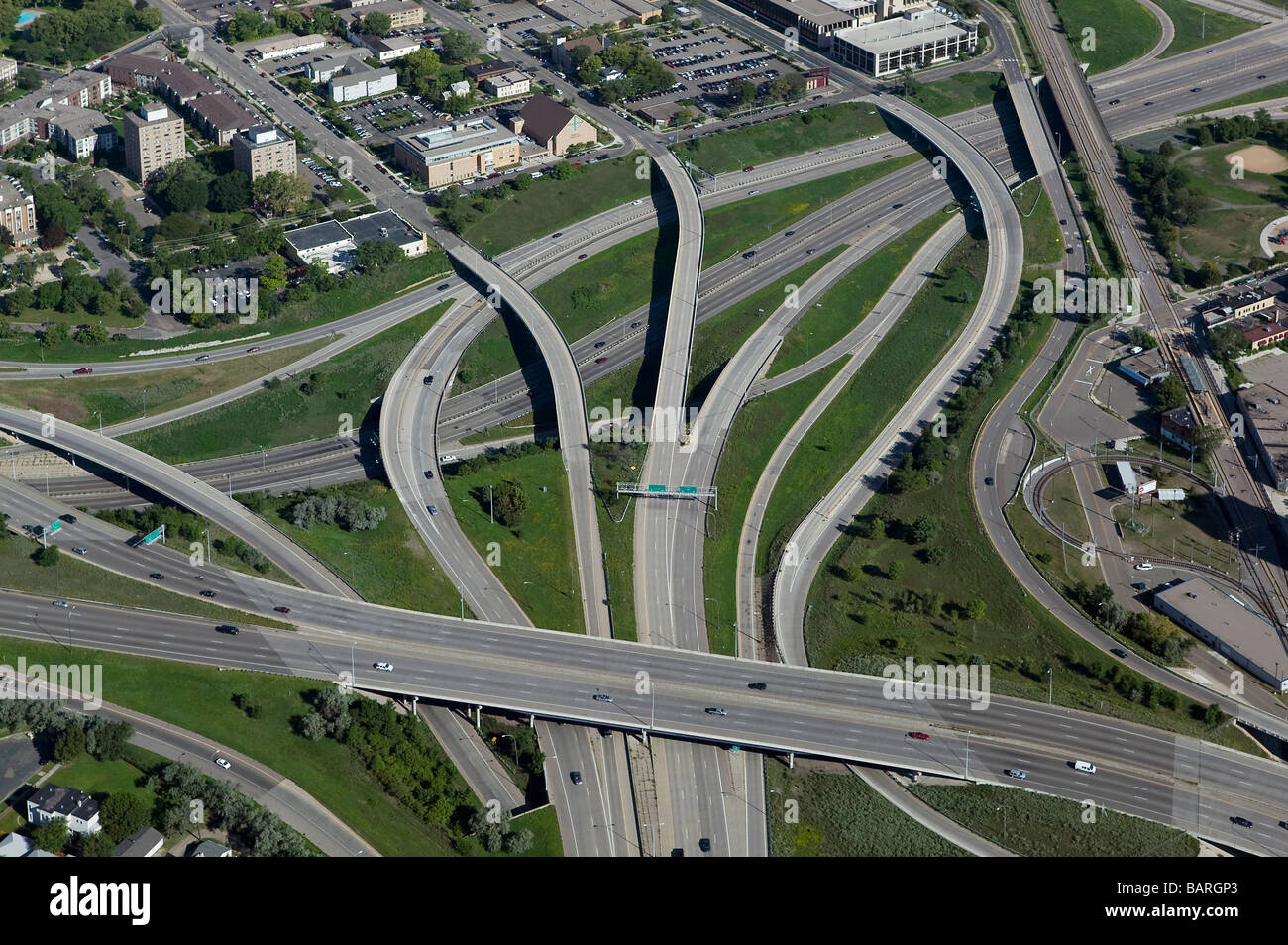 aerial view above Minneapolis Minnesoata freeway interchange, select99 ...