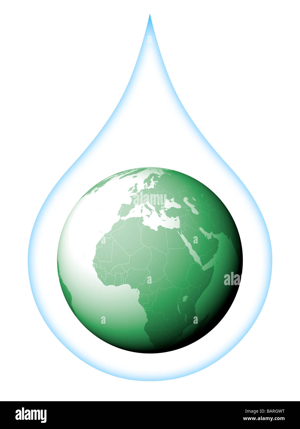 World globe in green showing Europe and Africa contained within a water ...