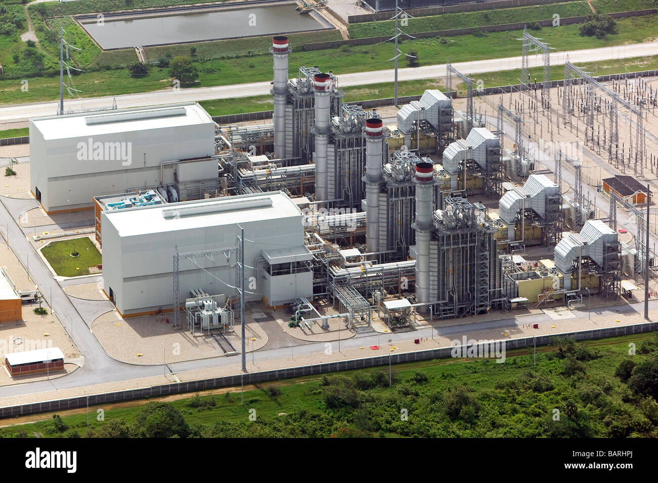 aerial view above Mexican electrical power generation plant ...