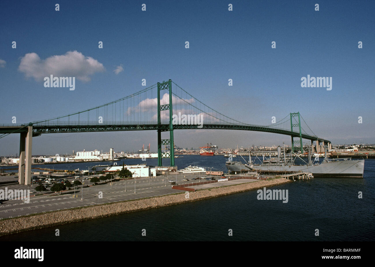 Victory ship in Los Angeles harbor and Vincent Thomas Bridge Stock ...
