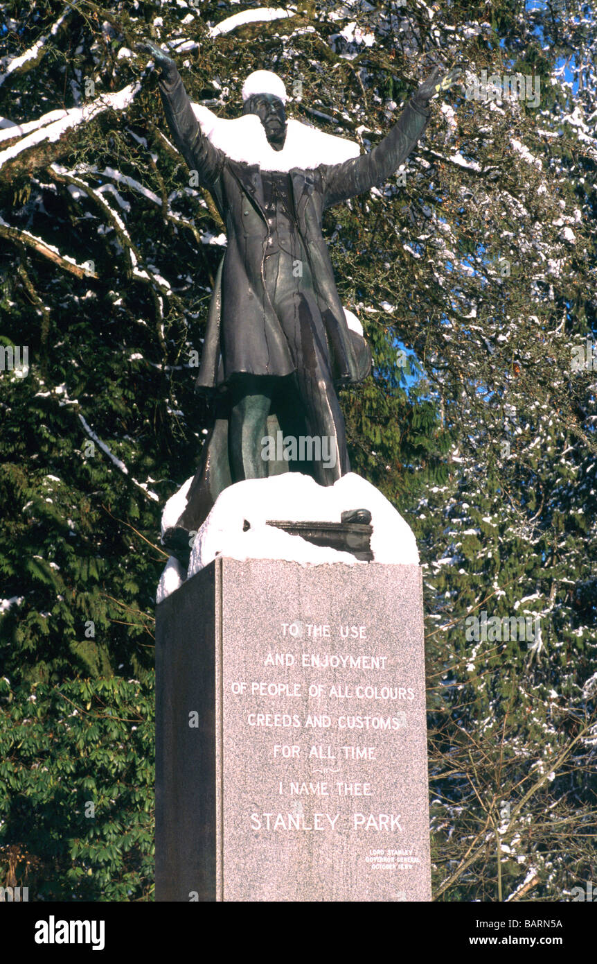 Snow Covered "Lord Stanley" Statue in Stanley Park Vancouver British ...