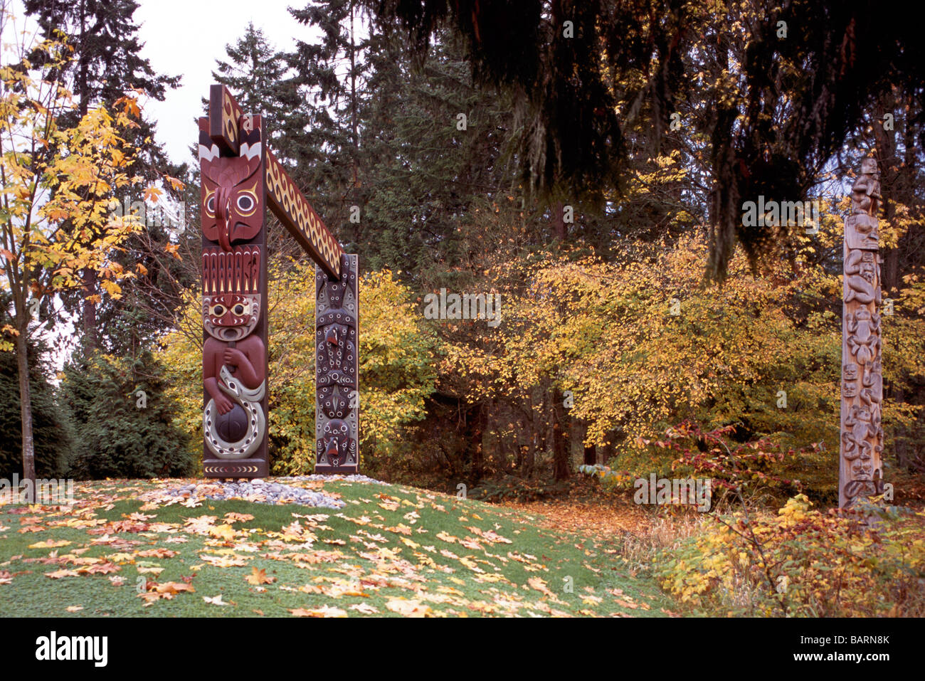 Carved Coast Salish Totem Gateway in Autumn at Brockton Point in ...