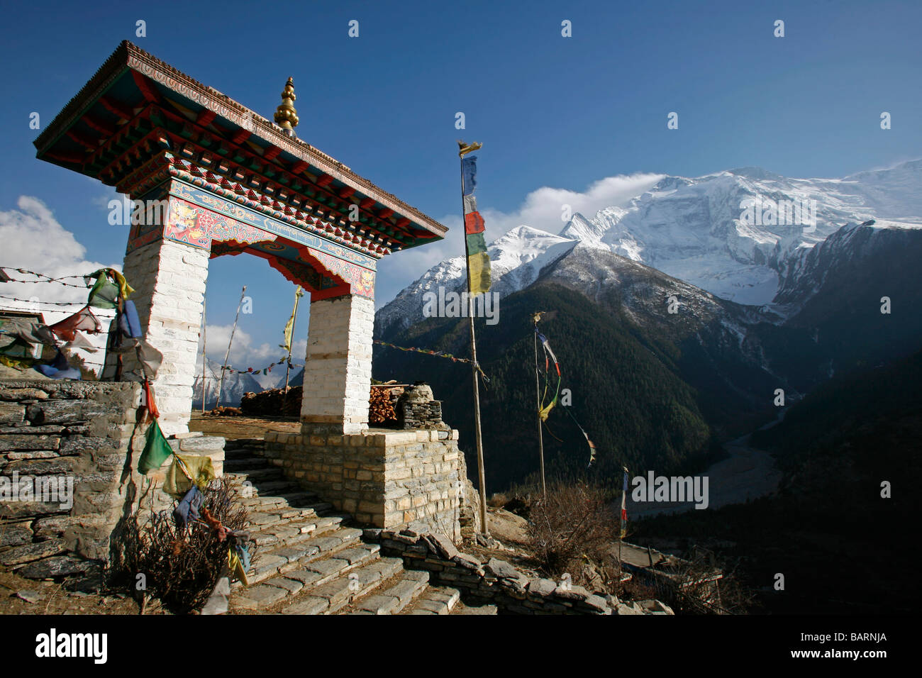 Entrance gate to monastery in Upper Pisang Annapurna Nepal Stock Photo ...