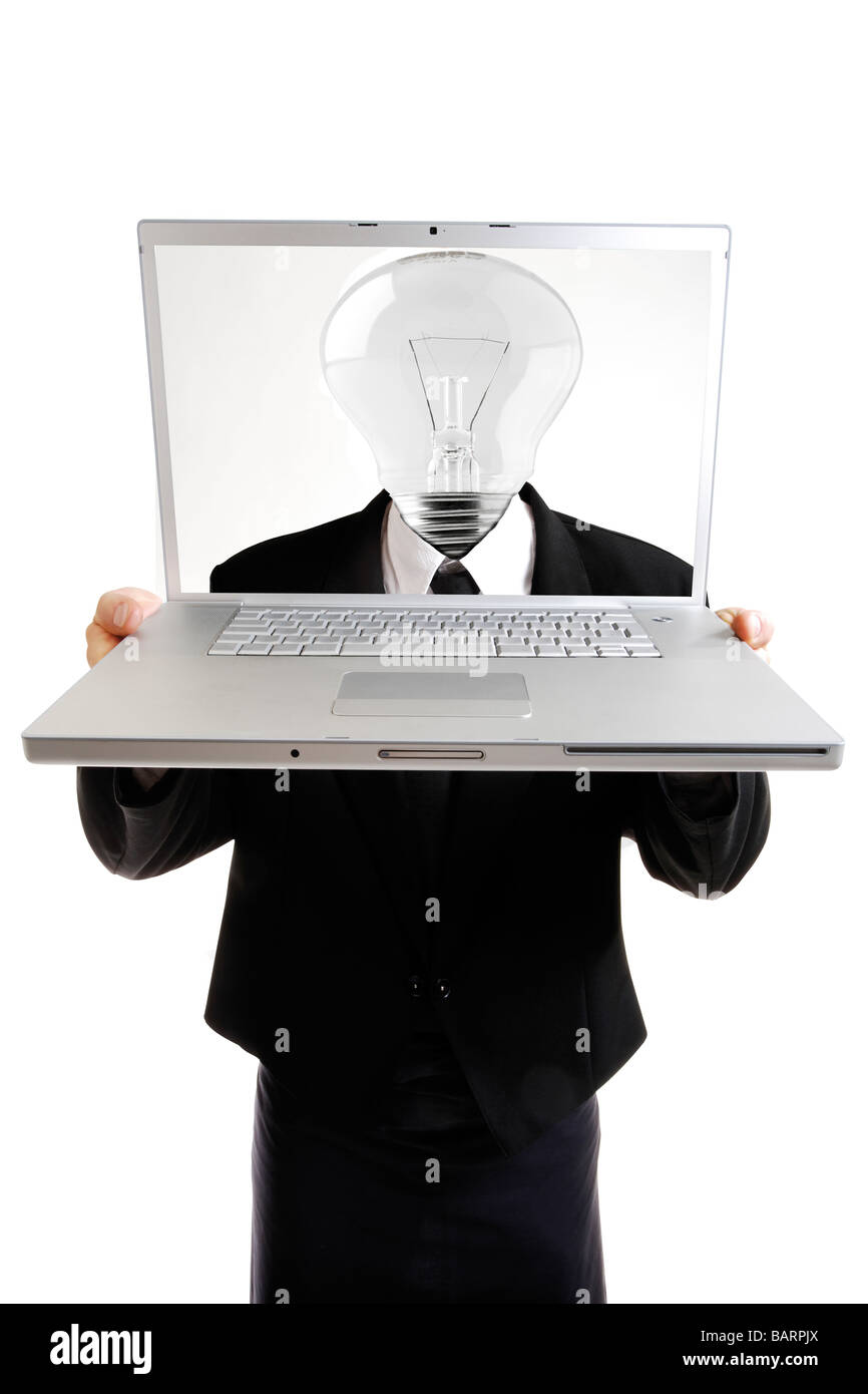 Business man with light bulb head holding laptop Stock Photo - Alamy