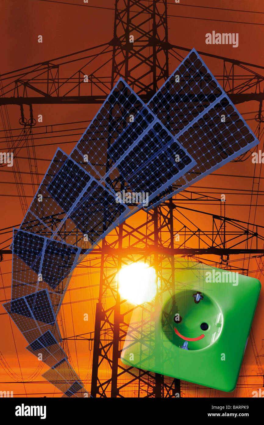 Solar panels, electric socket and power poles Stock Photo - Alamy