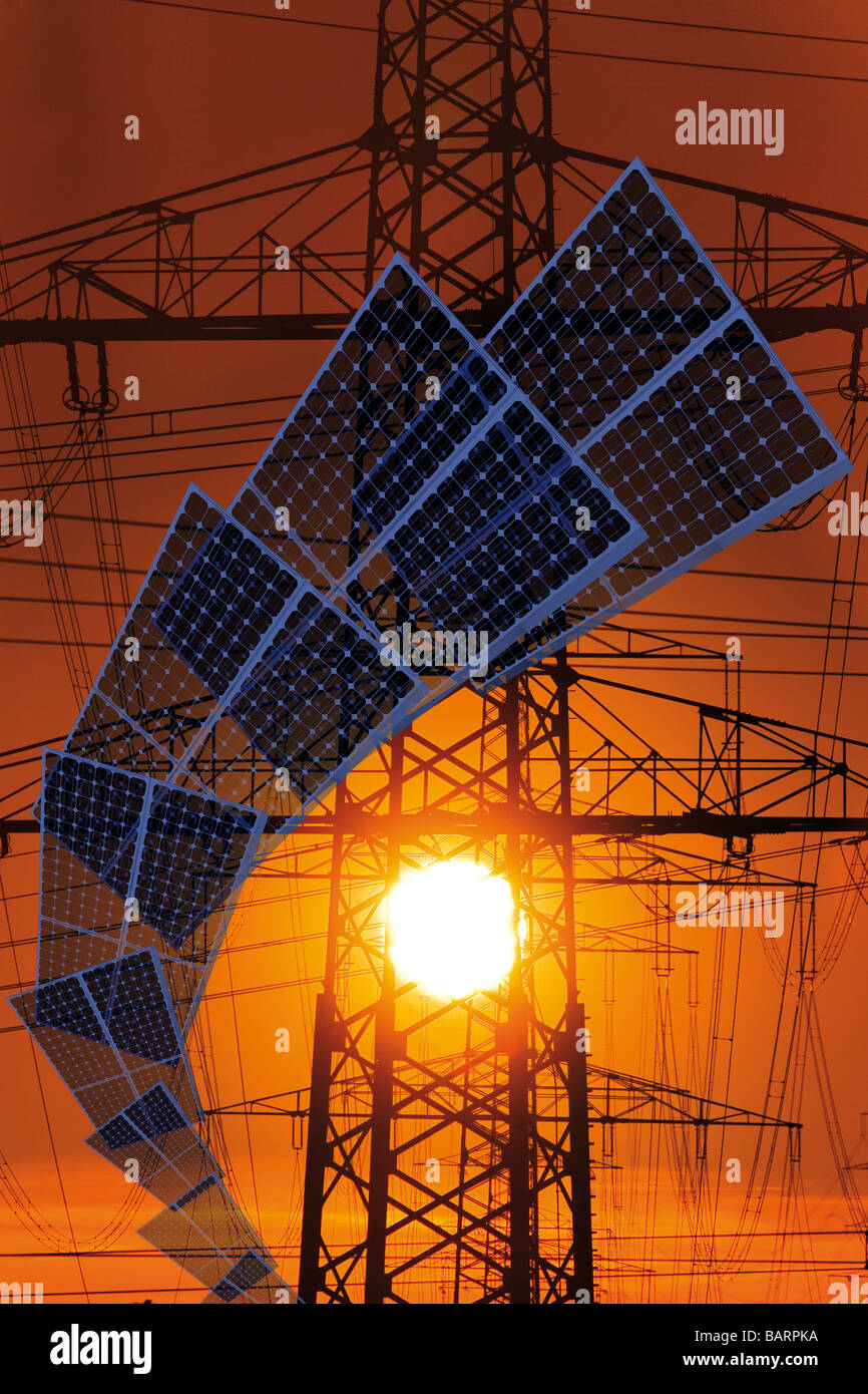 Solar panels, electric socket and power poles Stock Photo - Alamy