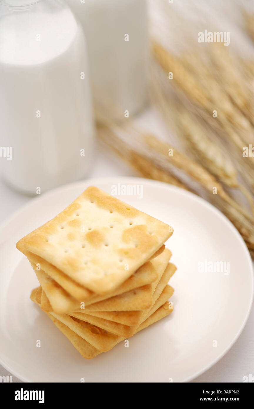 Crackers on plate by wheat Stock Photo - Alamy