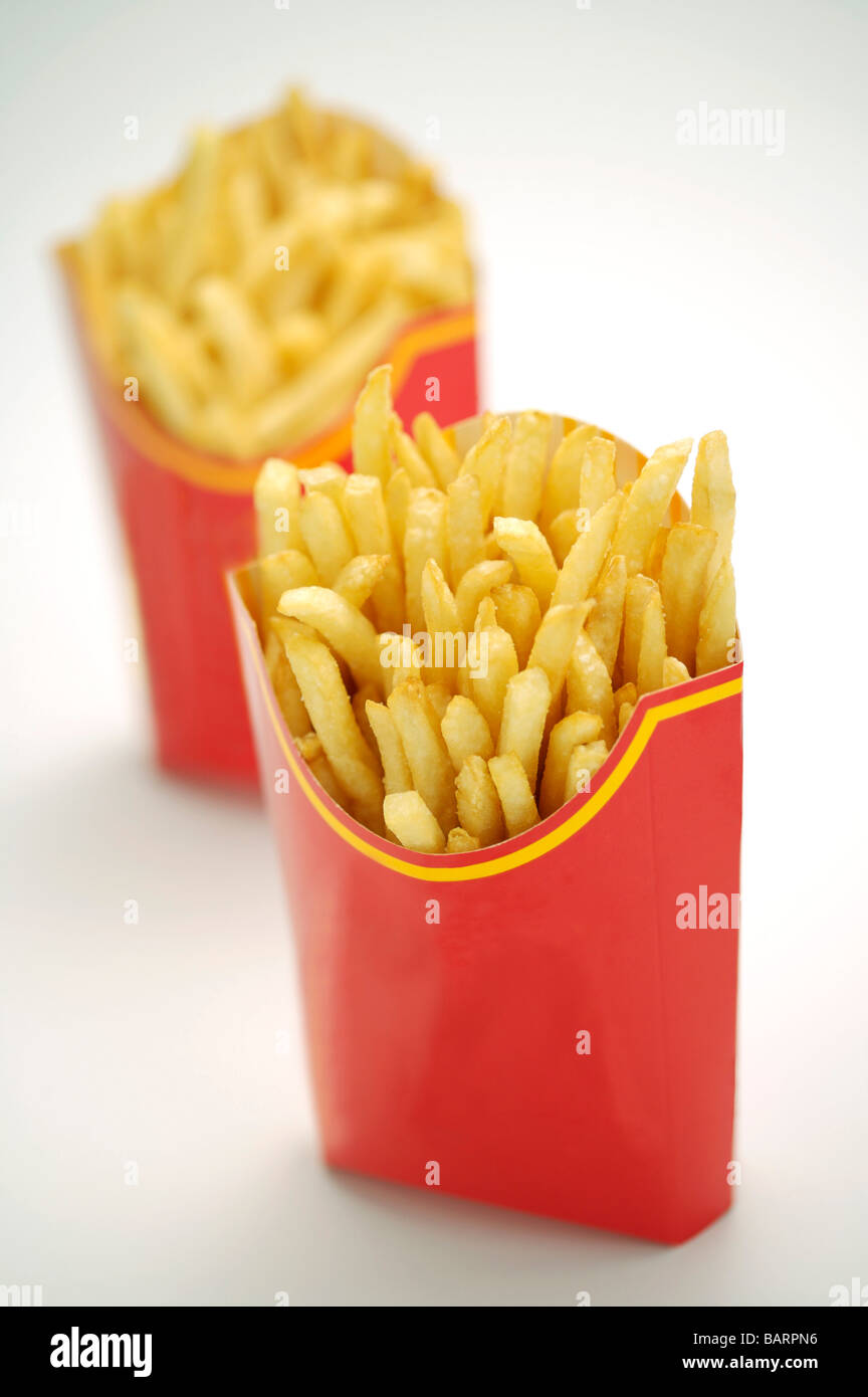 French fries in two red fast food boxes Stock Photo - Alamy