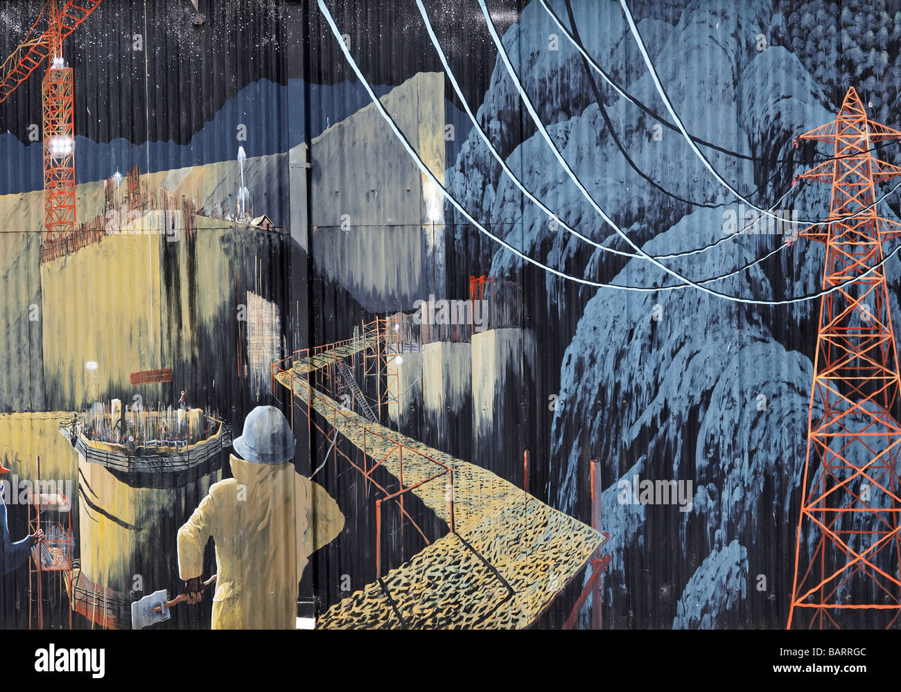 PAINTED MURAL DEPICTING THE BUILDING OF HYDRO ELECTRIC POWER STATION ...