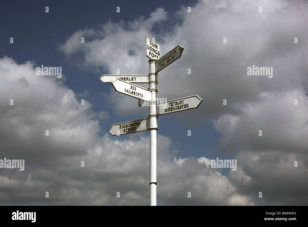 Tom Longs Post - Minchinhampton Common road sign Stock Photo - Alamy