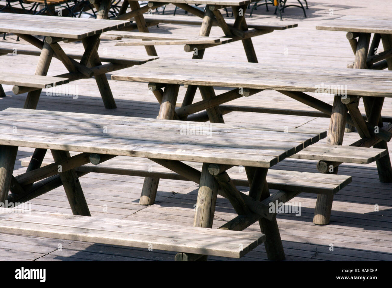 Wooden tables and benches outdoor Stock Photo - Alamy
