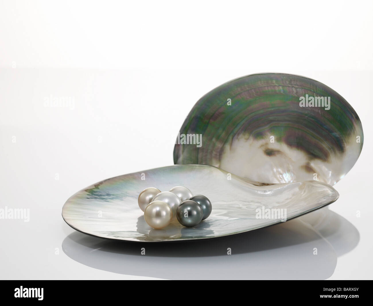 Different pearls in shell Stock Photo - Alamy