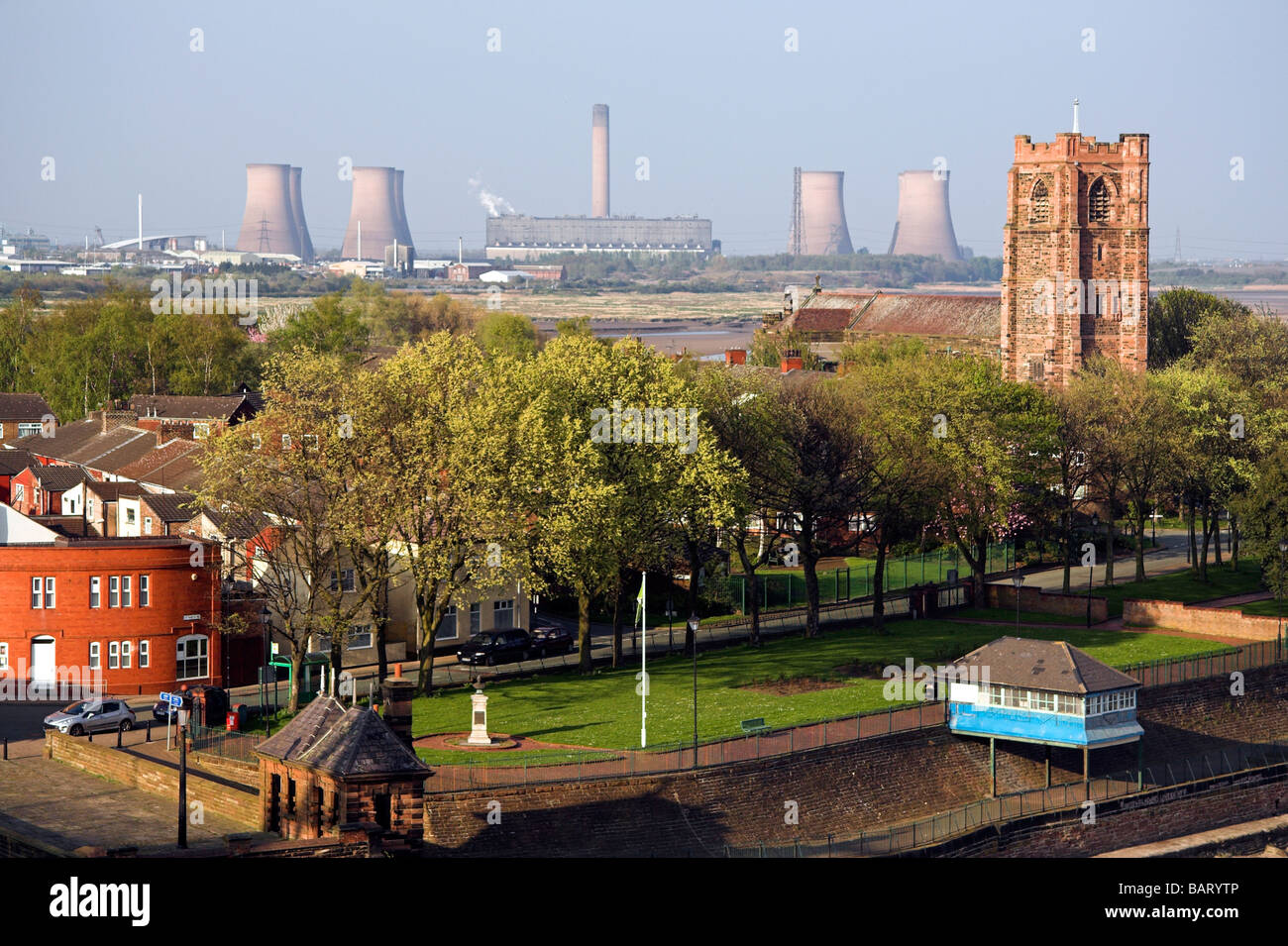 View from Runcorn Bridge over Widnes, to Fiddlers Ferry Power Station ...