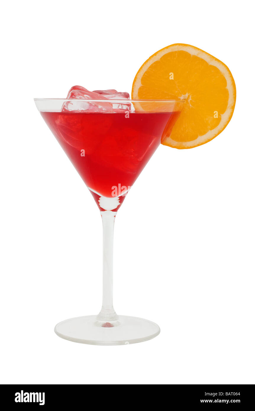 red cocktail with a slice of orange and icecubes isolated on white and ...