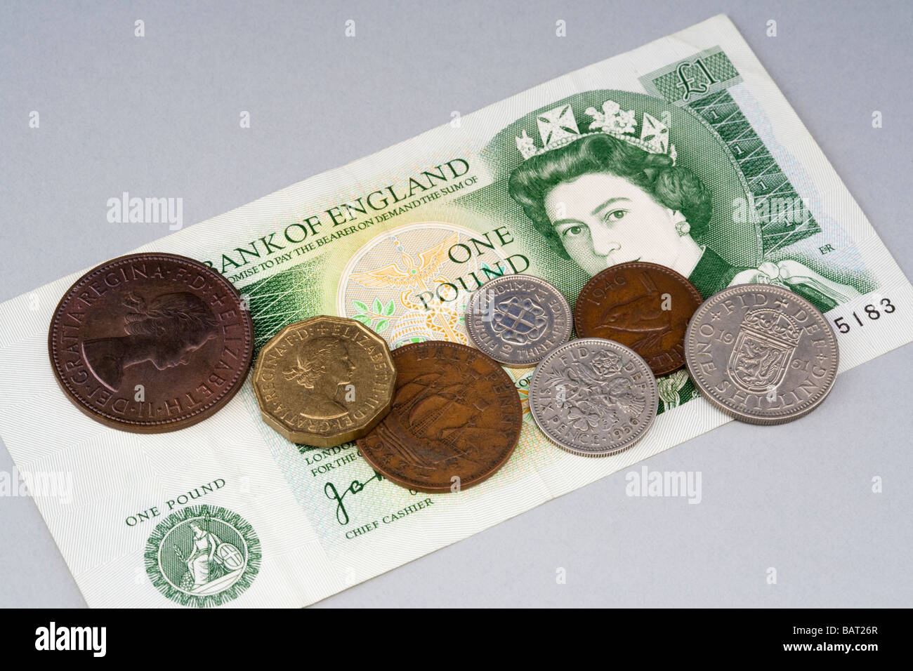 Studio still life Old British one pound note with pre-decimal Stock ...