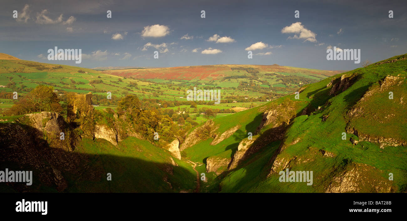View down Cavedale with Peveril Castle on the left the Peak District ...