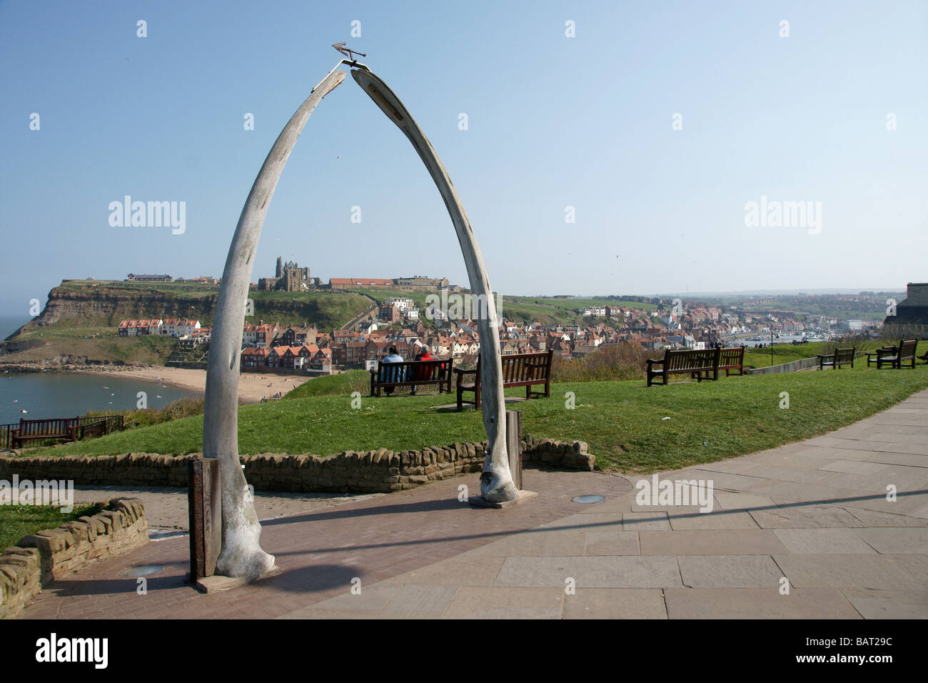 Giant Whalebone arch frames view of Whitby, North Yorkshire, England ...
