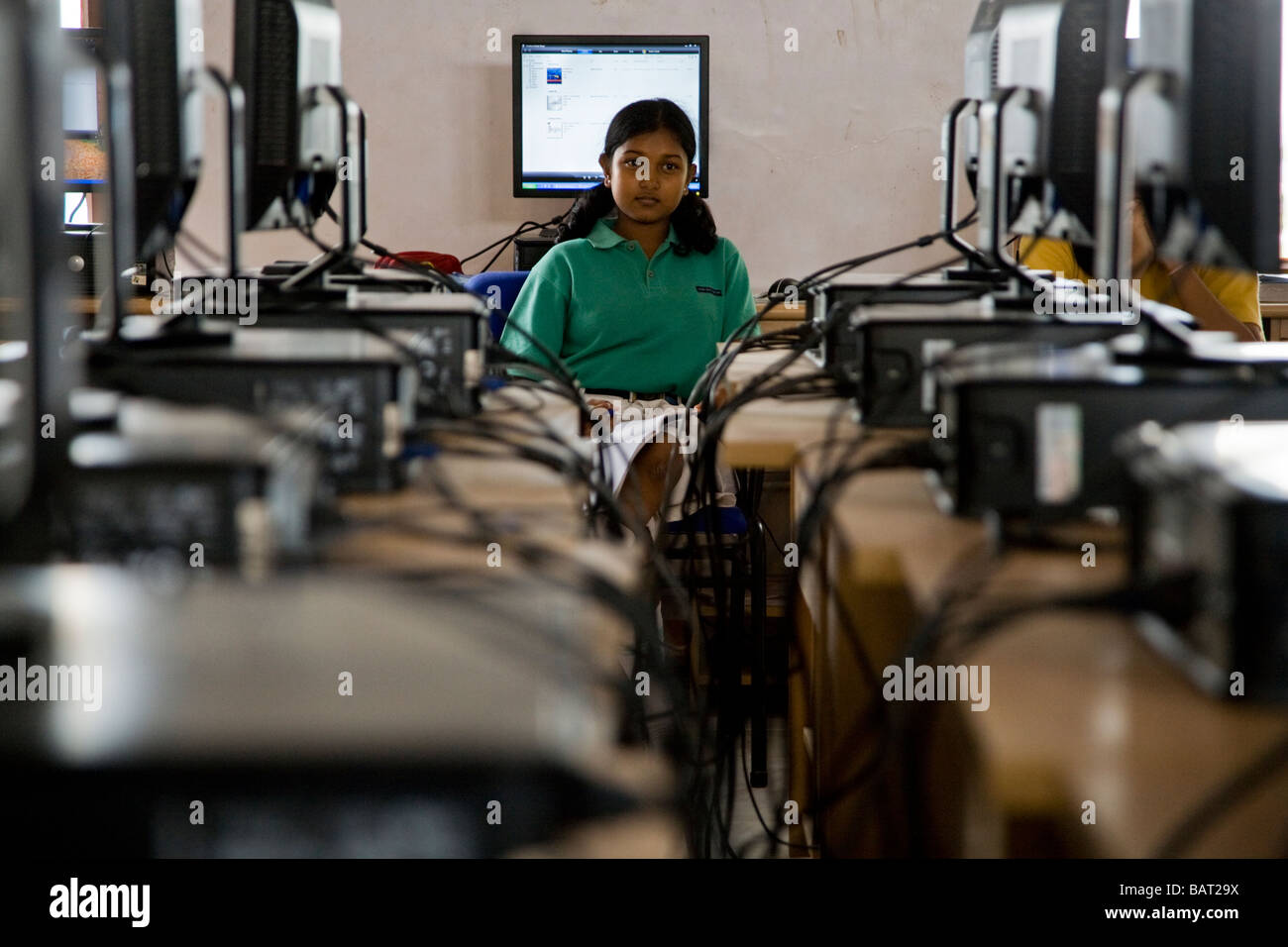 School girl in a computer studies class at school in Hazira, near Surat ...