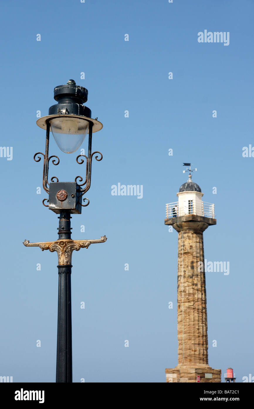 Old Lighthouse and lampost Whitby Pier Whitby North Yorkshire England ...