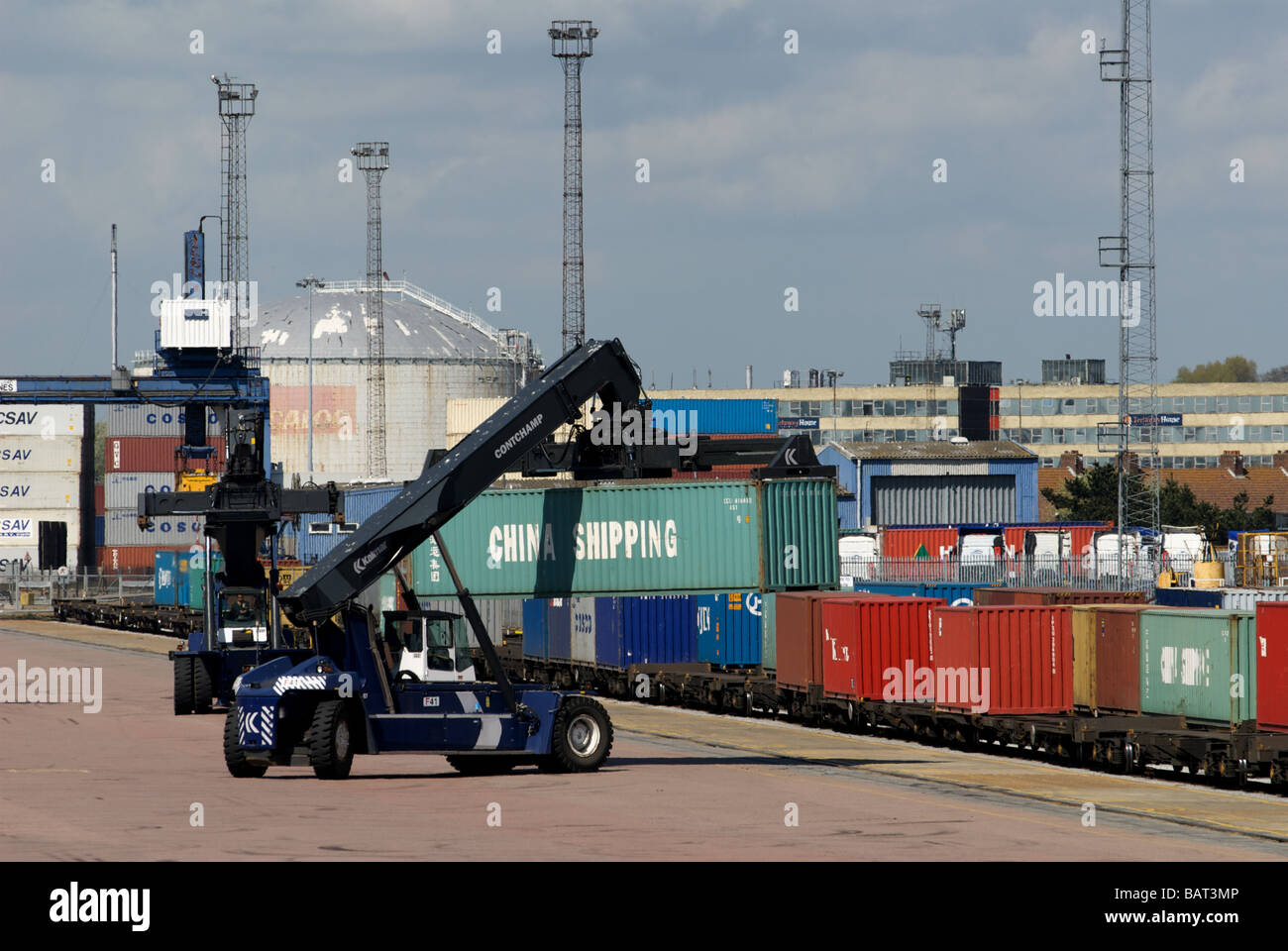 Containers being loaded onto a freight train at the southern rail ...