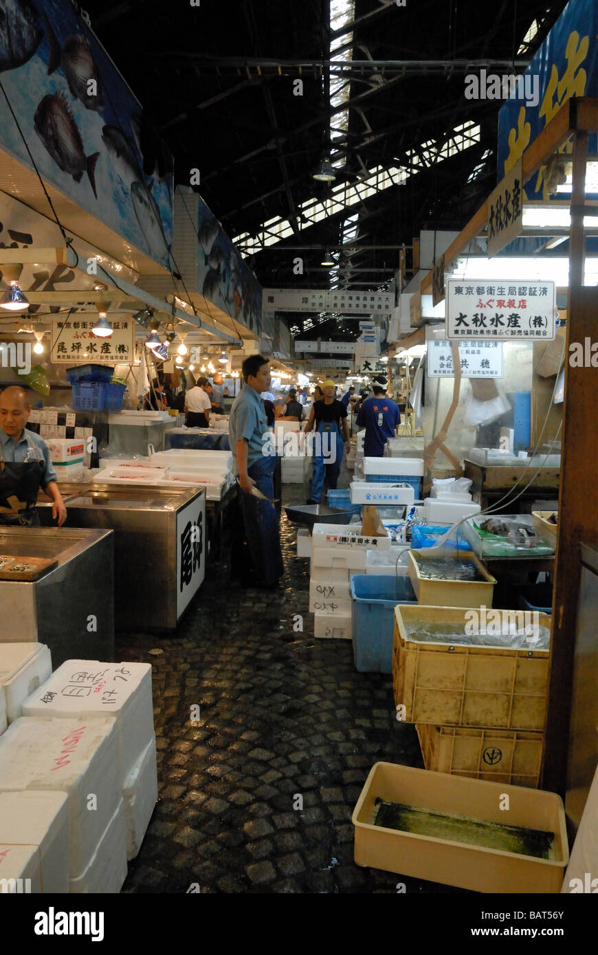 Workers in the Tsukiji fish market Tokyo Japan sell fresh fish Stock ...
