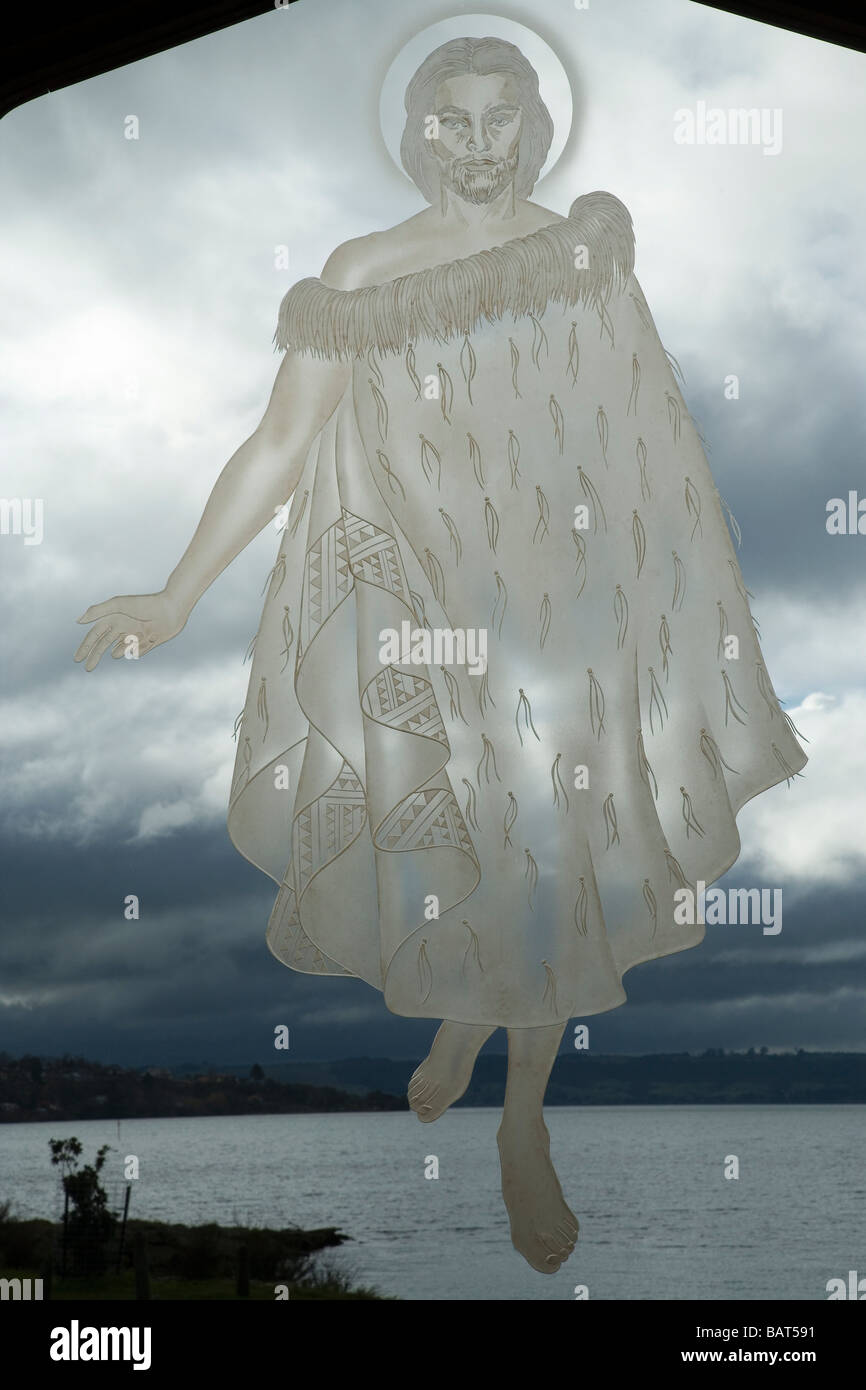 Maori Jesus on Window St Faiths Church Ohinemutu Rotorua North Island ...