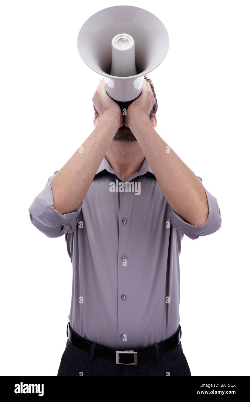 Young man holding megaphone Stock Photo - Alamy