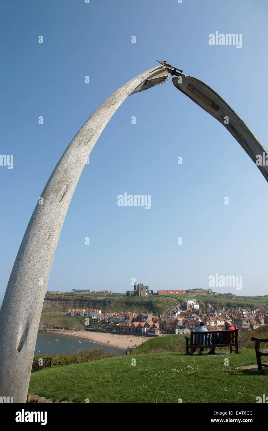 Giant Whalebone arch frames view of Whitby, North Yorkshire, England ...
