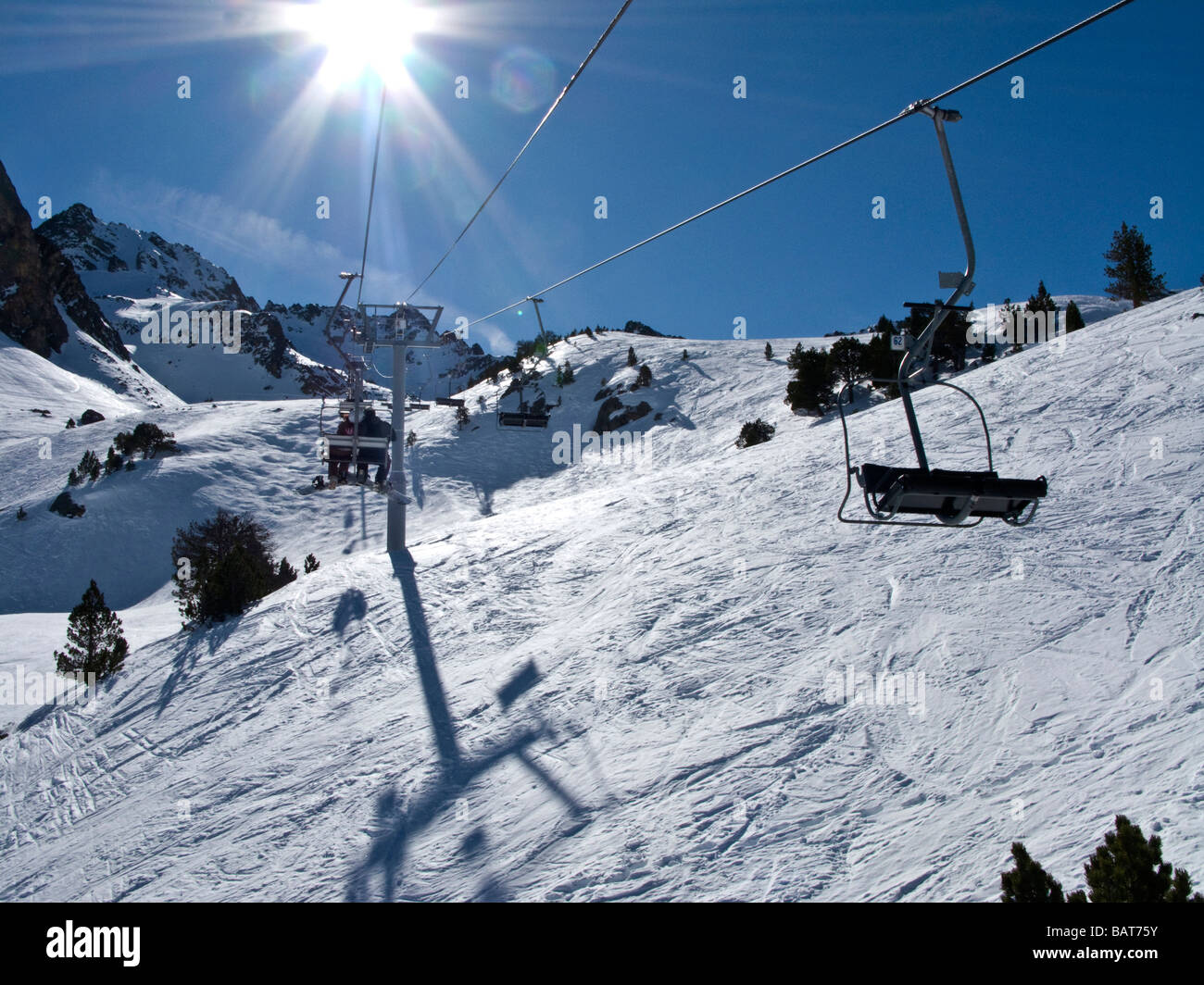 Ski lift at La Mongie, Tourmalet mountains, Pyrenees, France Stock ...