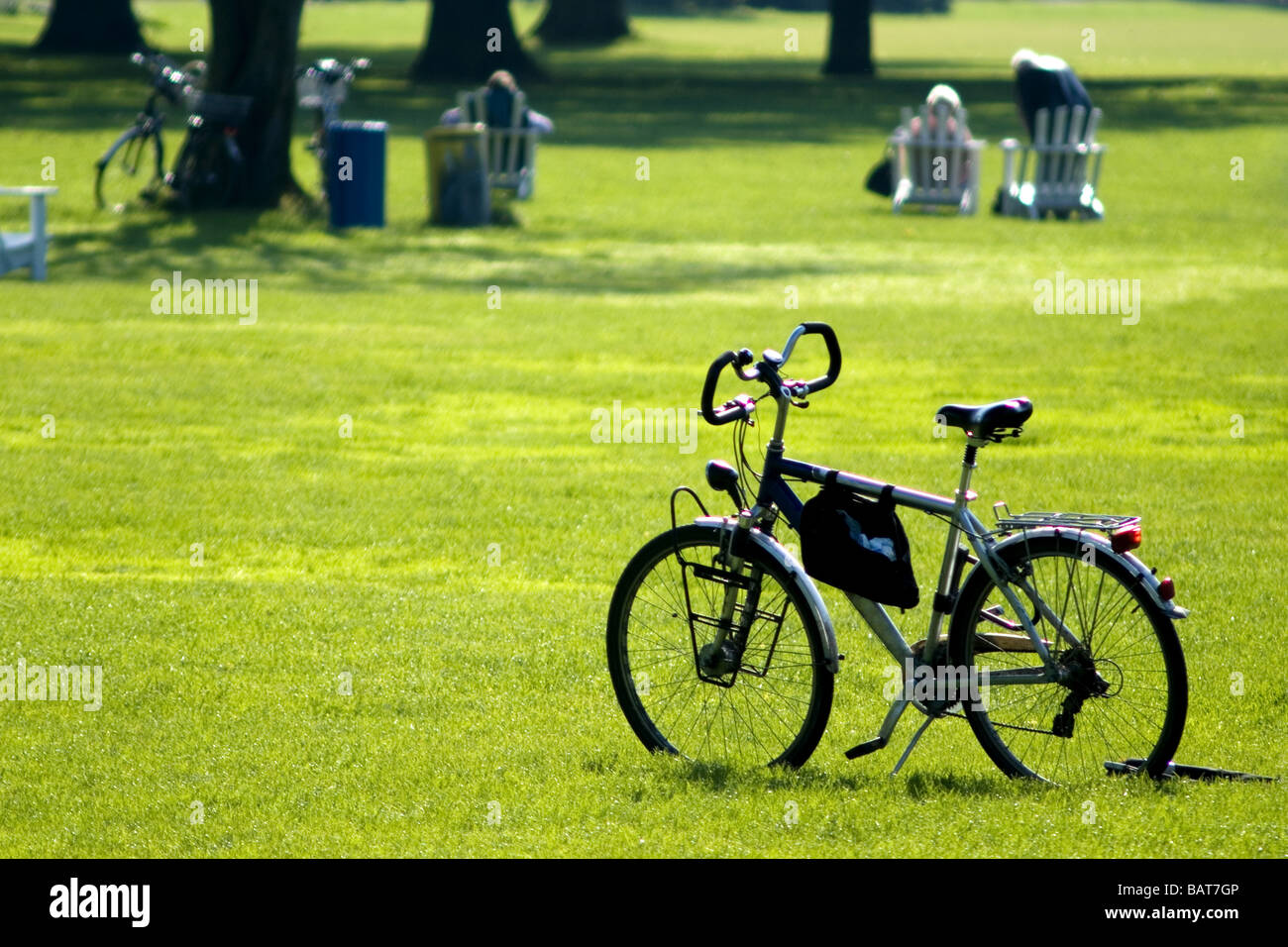 Bike on grass with trees in park Stock Photo - Alamy
