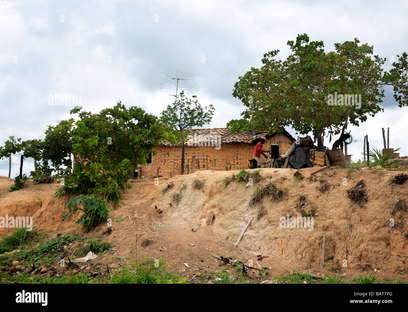 Loam hut on the road side in hinterland of Bahia, Brazil, South America ...