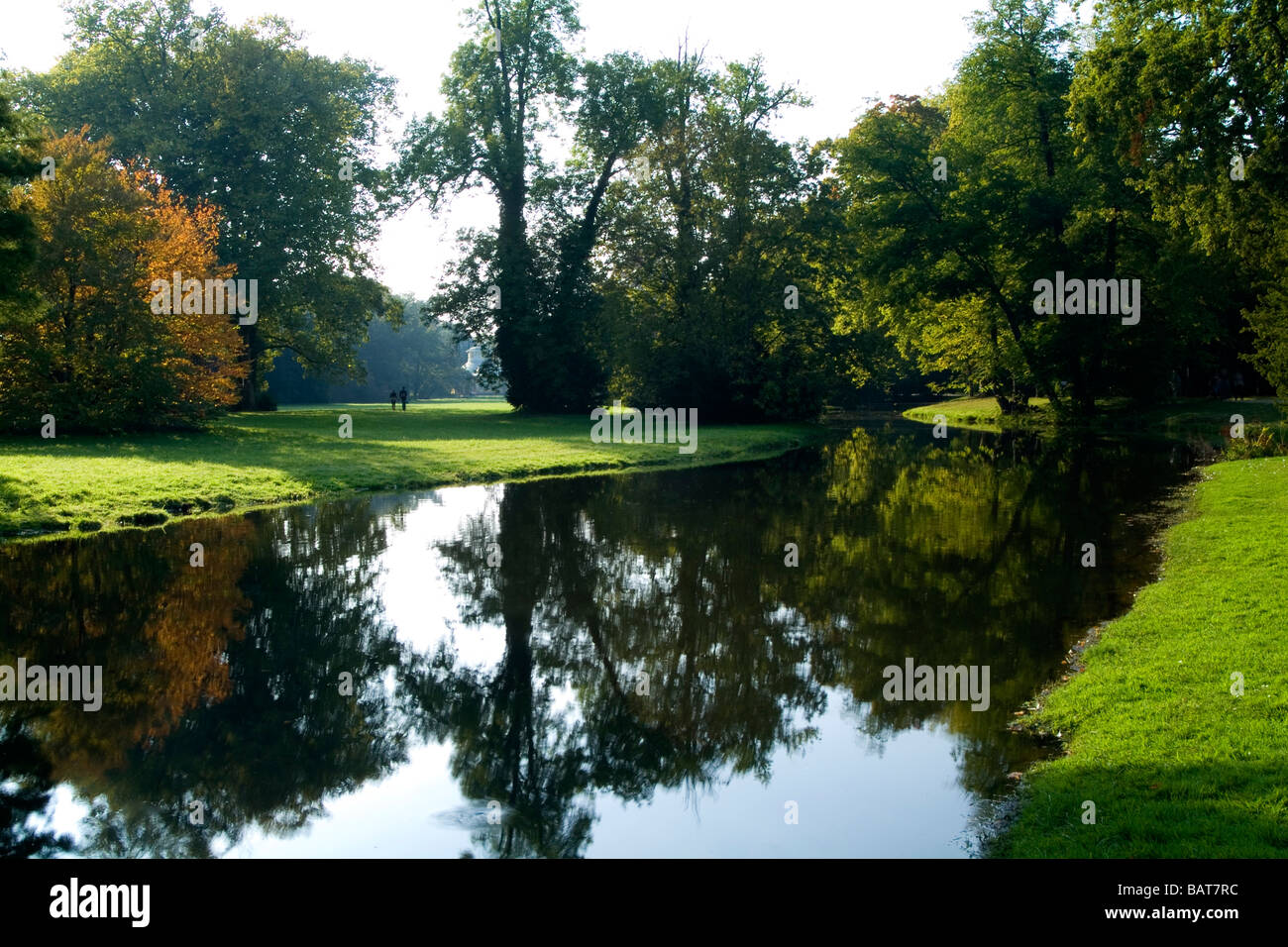 Trees in field by river Stock Photo - Alamy