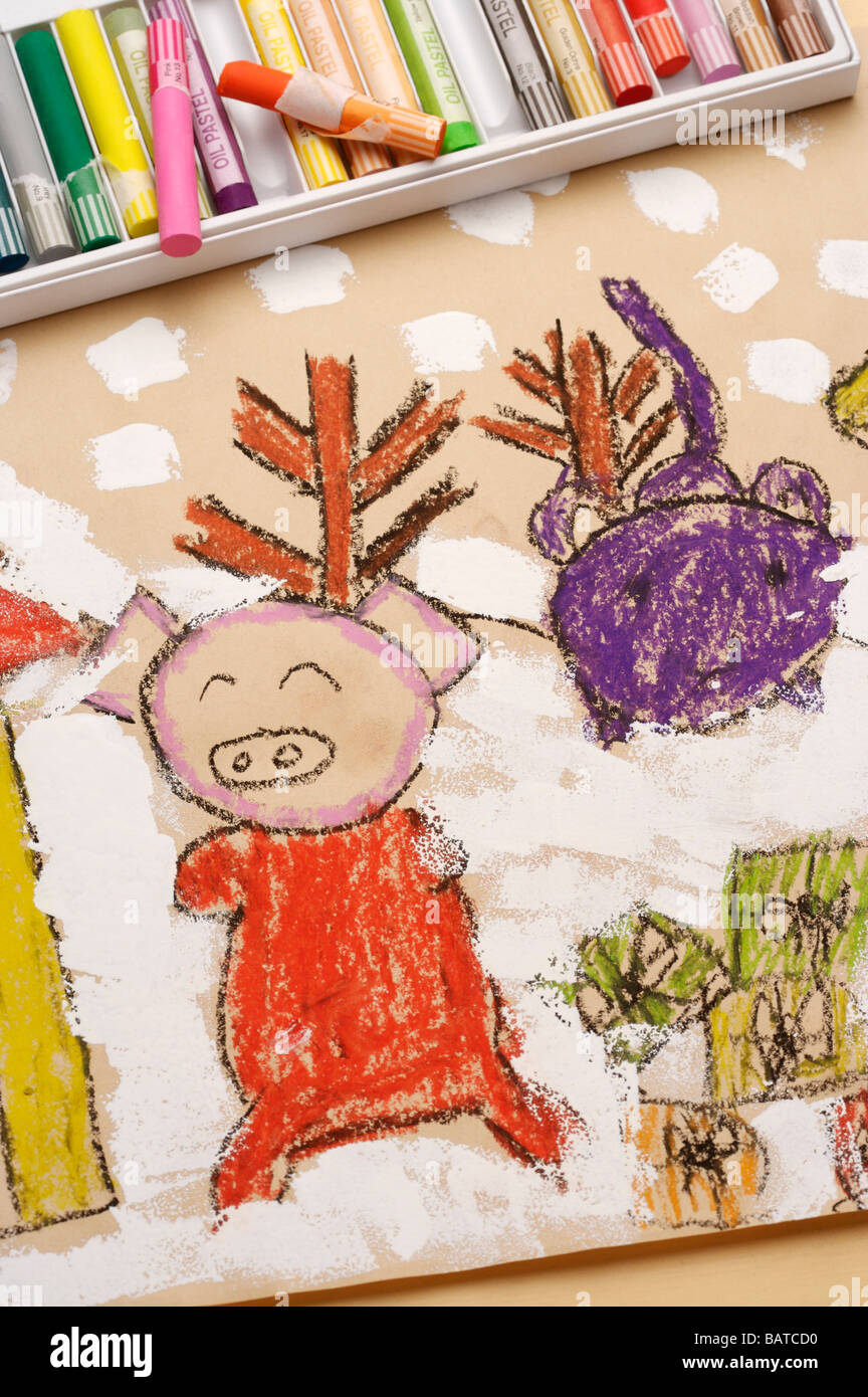 Child s drawing of a pig and crayons Stock Photo - Alamy