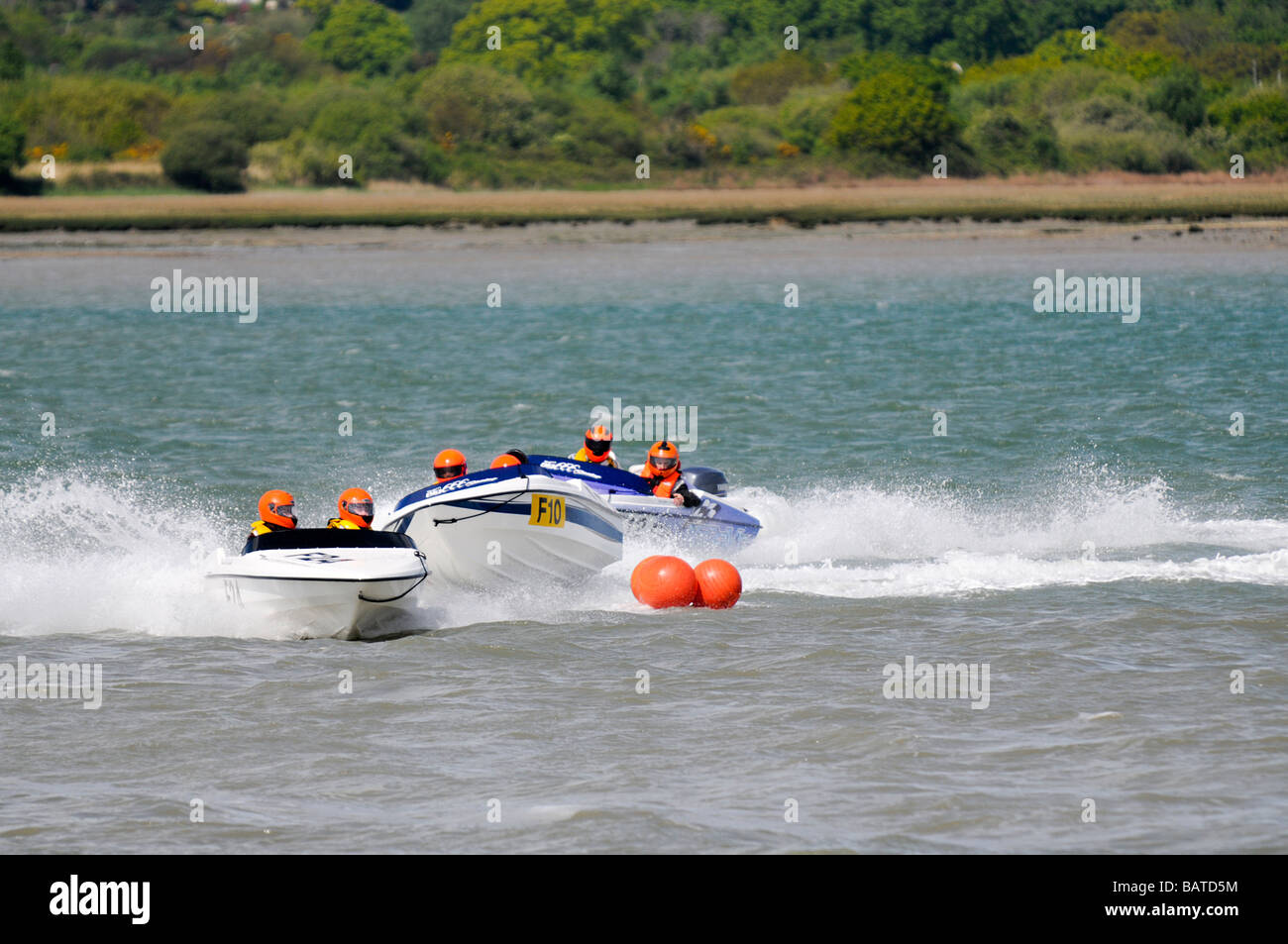 Fletcher speed boats racing off Calshot Spit Hampshire Stock Photo - Alamy