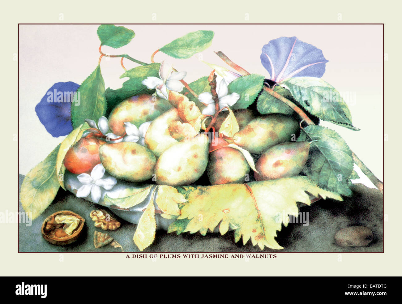 A Dish of Plums with Jasmine and Walnuts Stock Photo - Alamy