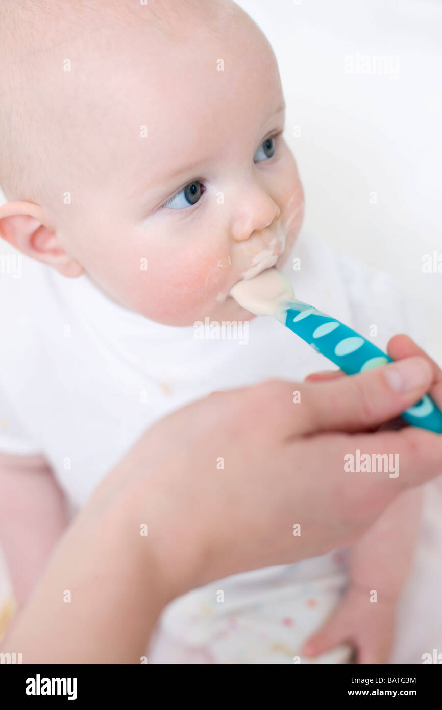Spoon-feeding. 7 month old baby girl being spoon-fed Stock Photo - Alamy