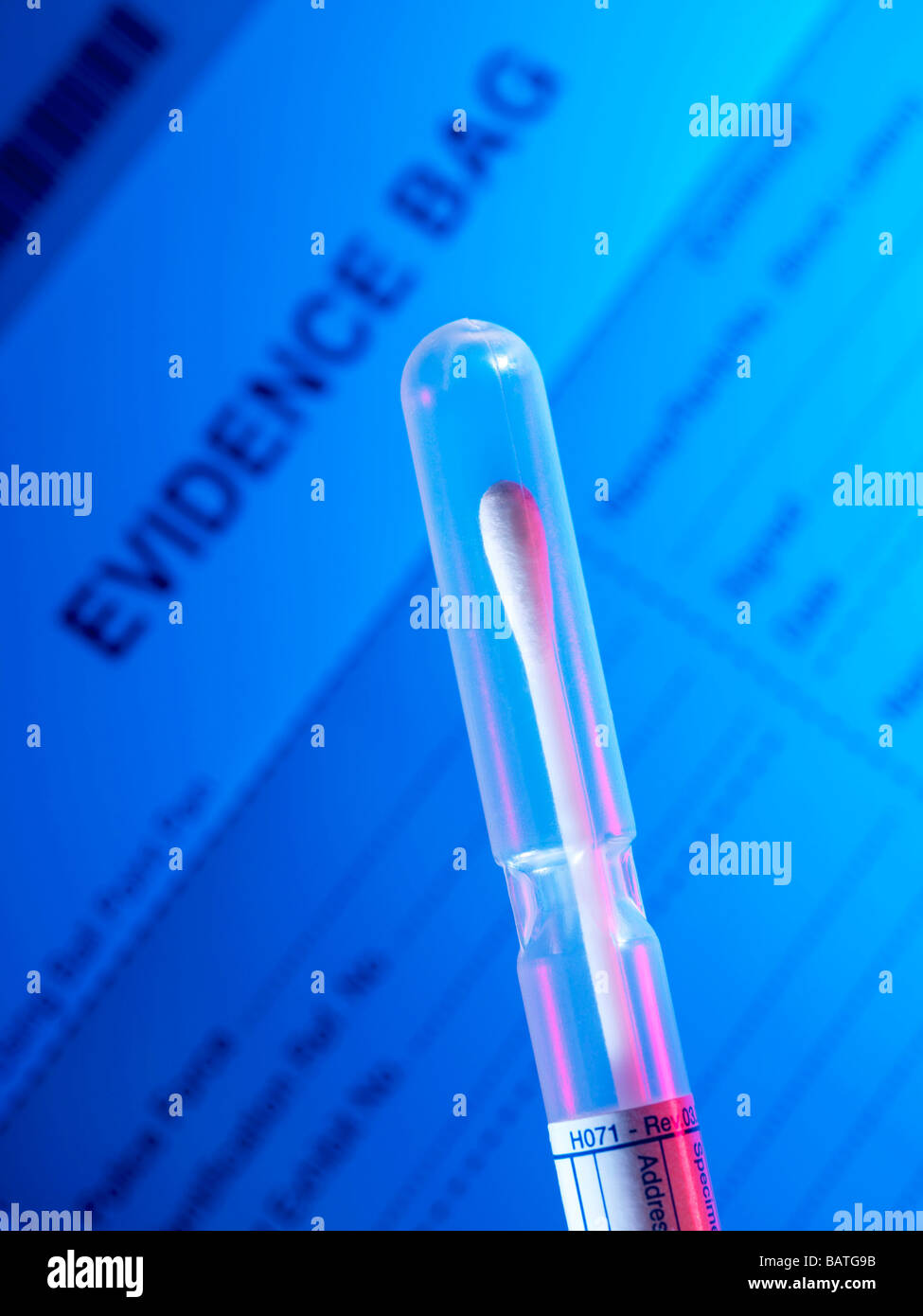 Forensic evidence. Swab sample from a crime scenein front of a forensic ...