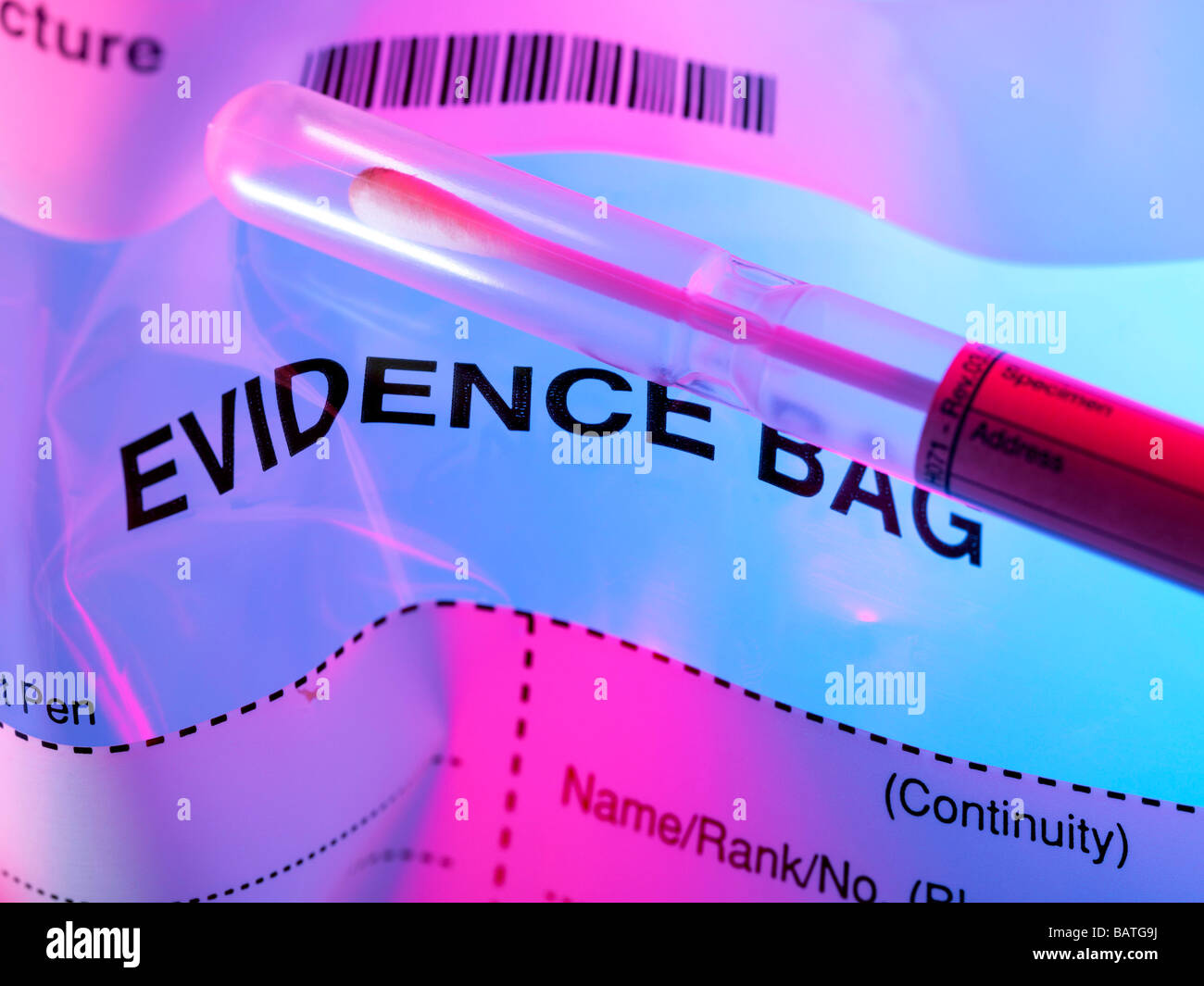 Forensic evidence. Swab sample from a crime sceneon top of a forensic ...