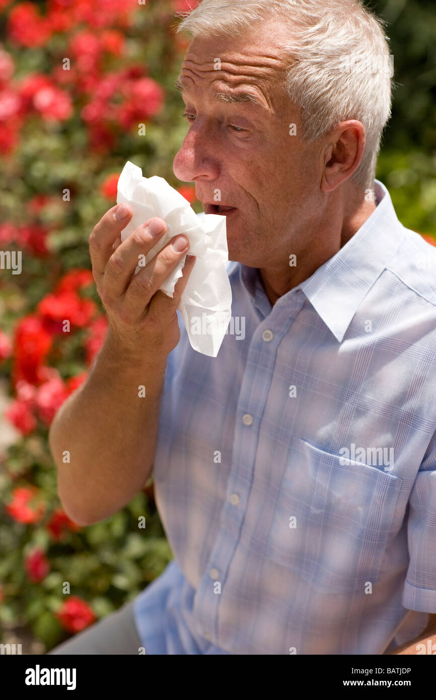 Hay fever. Man about to sneeze into a tissue. He is suffering an ...