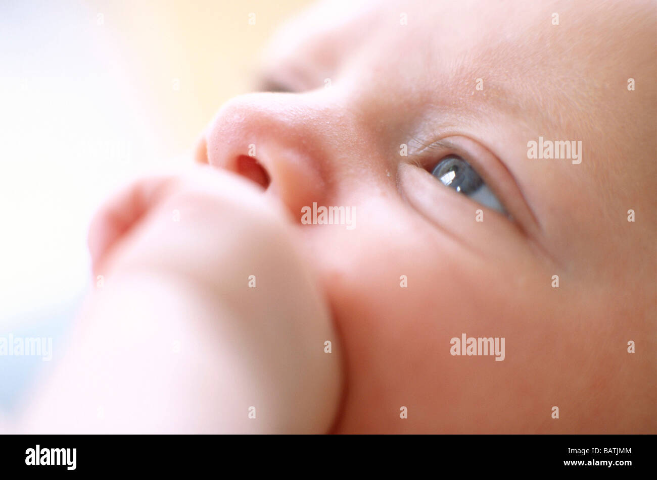Baby. Face of a 2-month-old baby boy with his hand in his mouth Stock ...