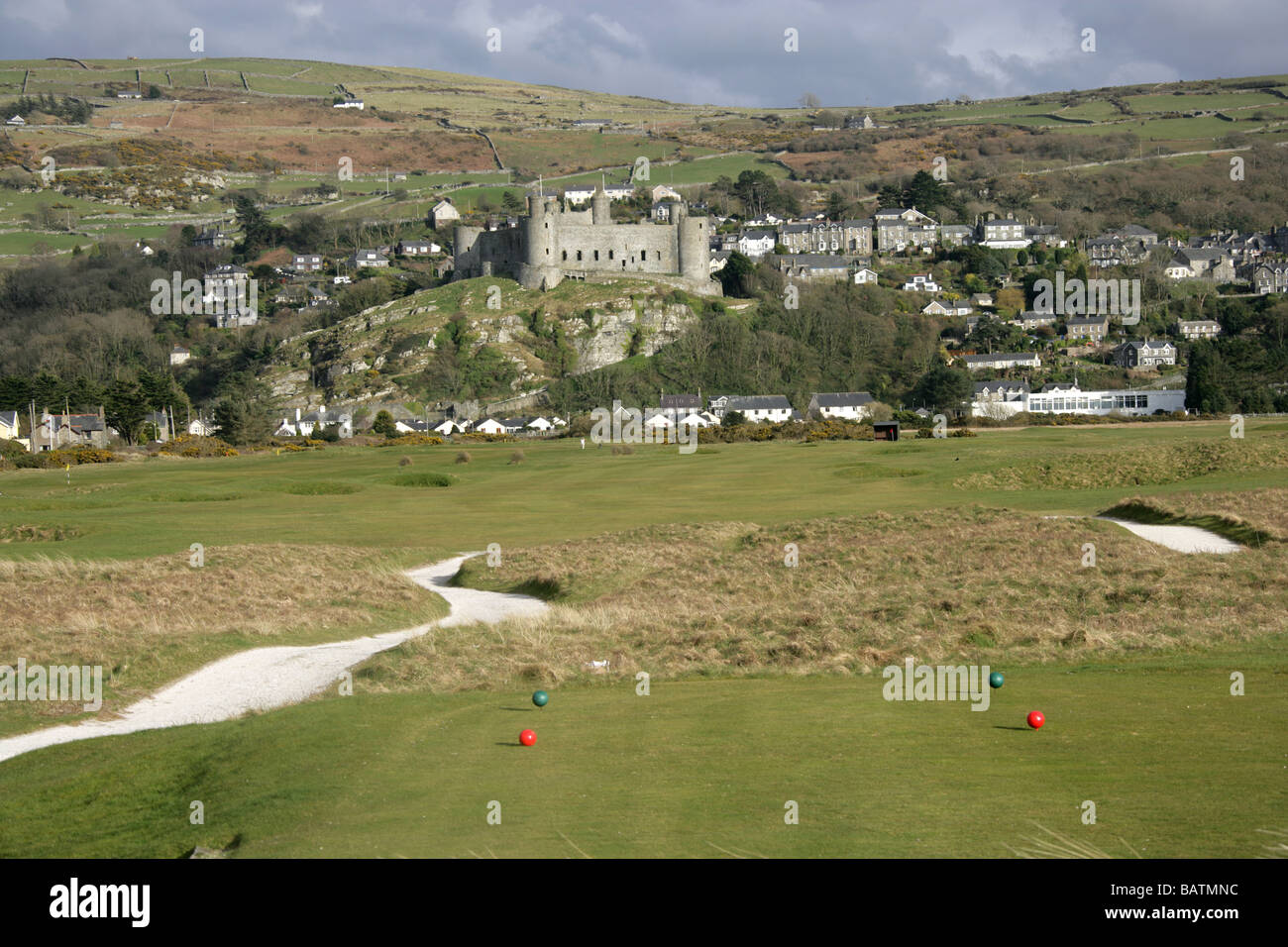 Town of Harlech, Wales. The late 13th century Harlech Castle, with the ...