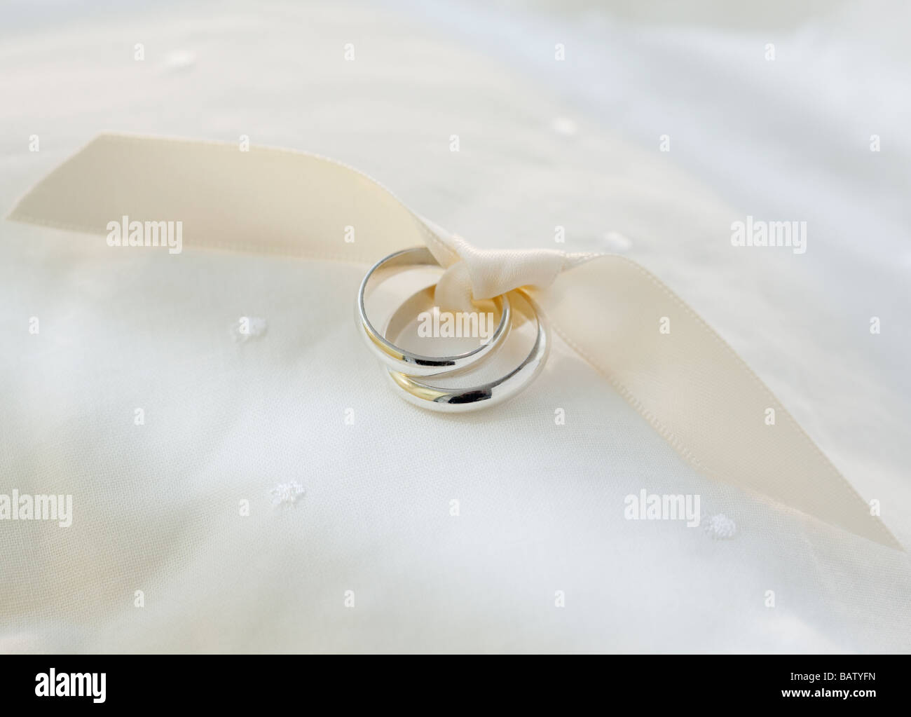 Two wedding rings tied with ribbon Stock Photo - Alamy