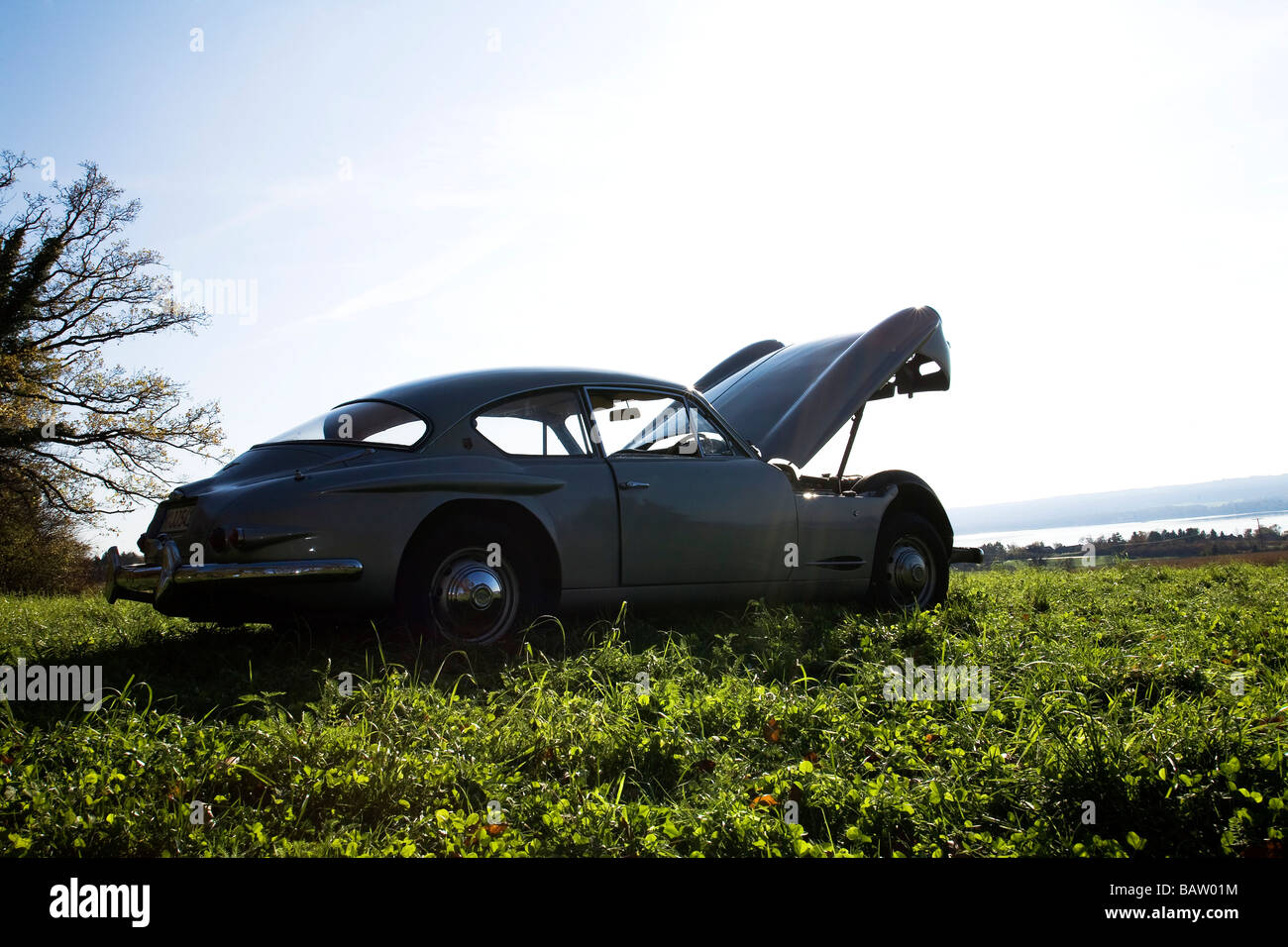 classic car with open bonnet standing on meadow Stock Photo - Alamy