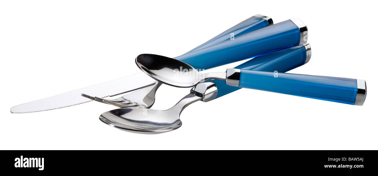 Set of silverware with blue hands Stock Photo - Alamy