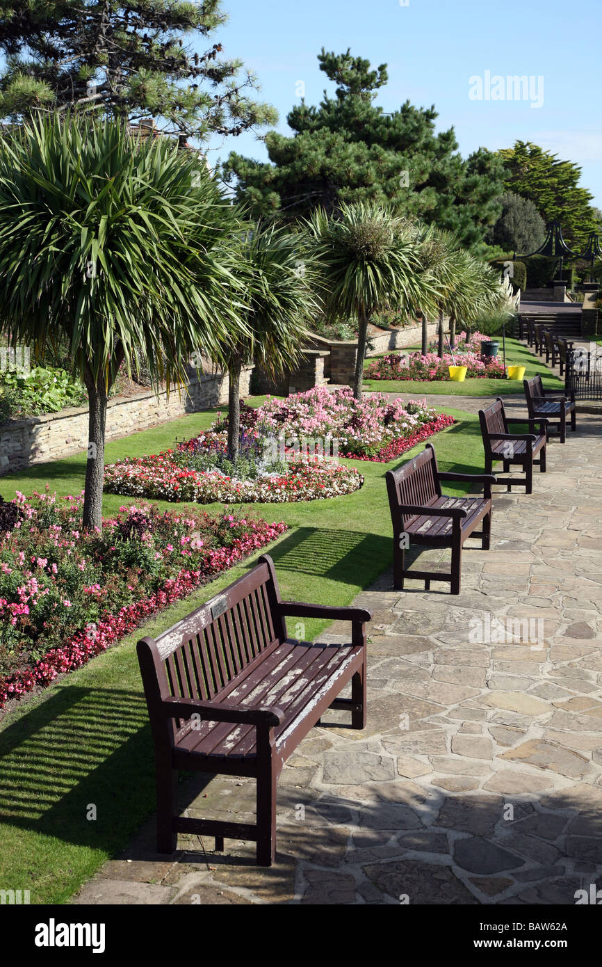Empty benches in a seafront park at Clacton, Essex, England Stock Photo ...