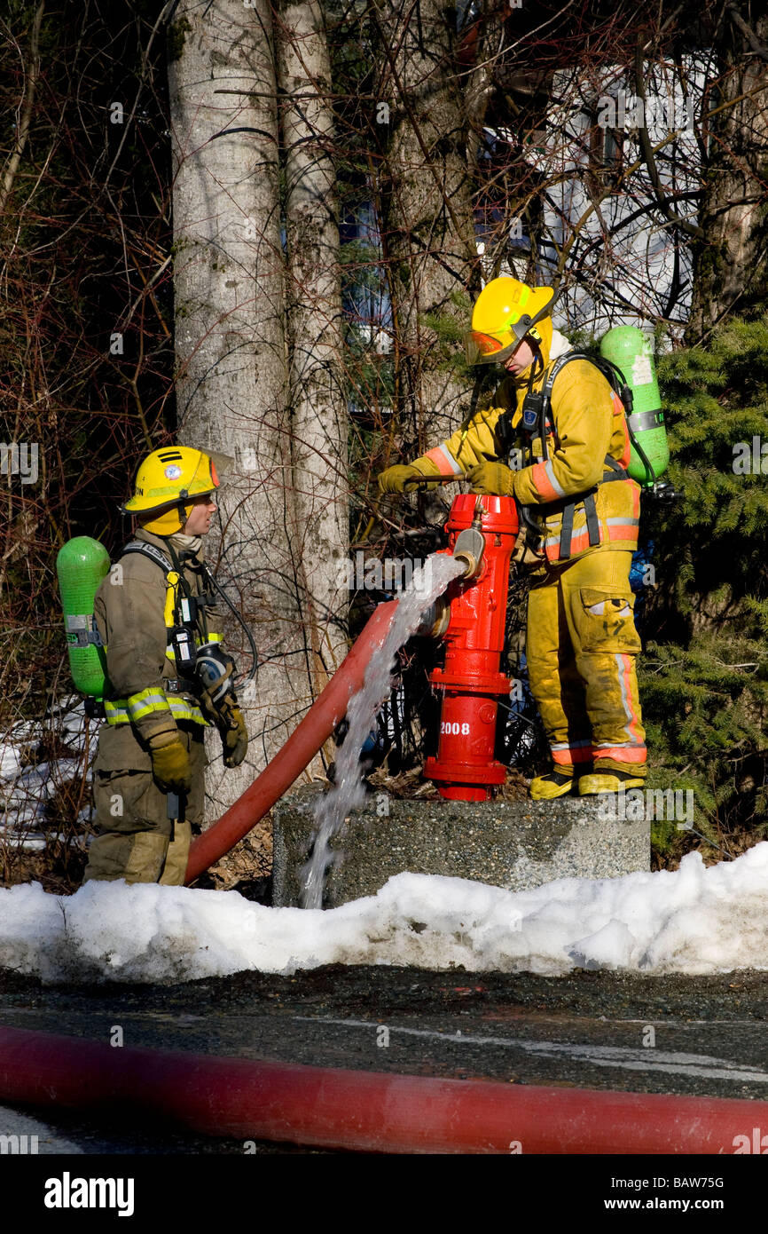 Fire fighters with hydrant Stock Photo - Alamy