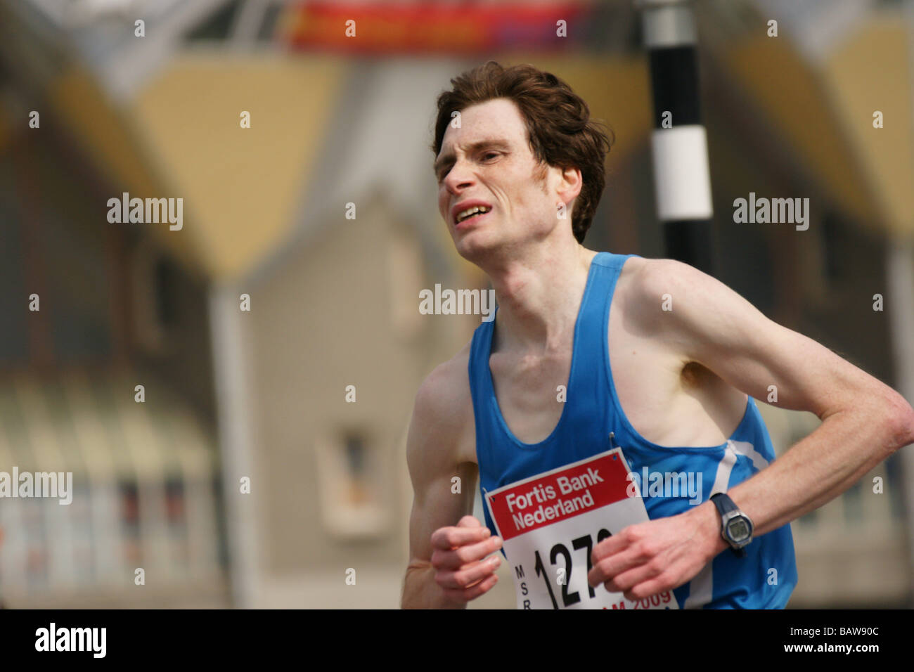 One man running at Rotterdam Street City Marathon, April 2009 ...