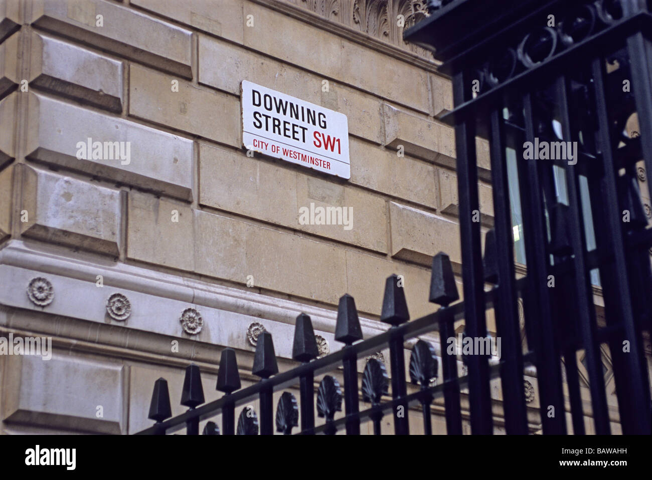 "Downing Street sign, "spiked iron fence" near "Prime Minister's ...