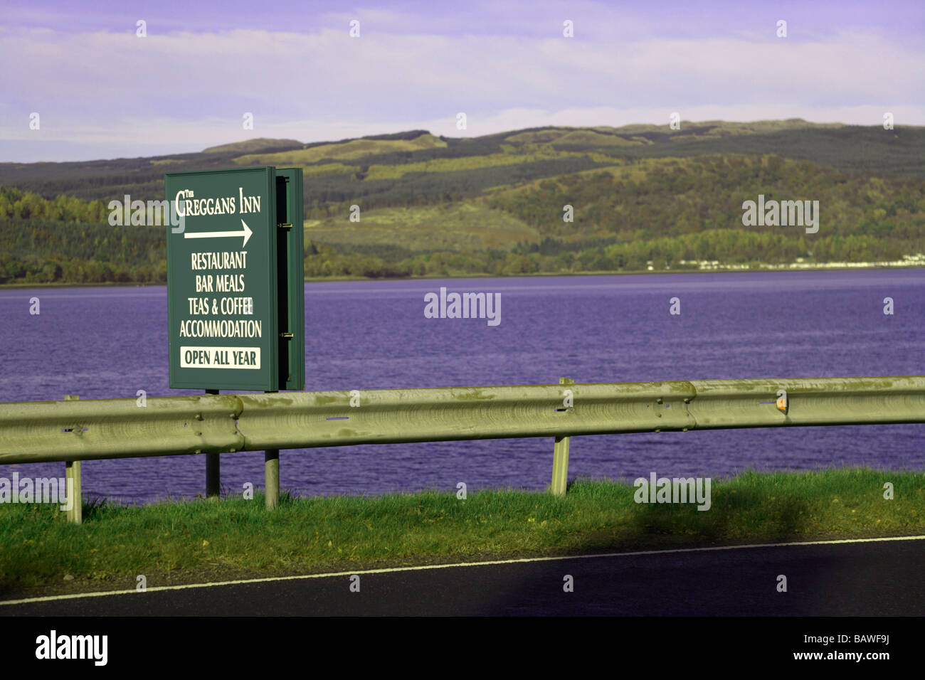 The Creggans Inn sign on the shores of Loch Fyne at Strachur, Near ...