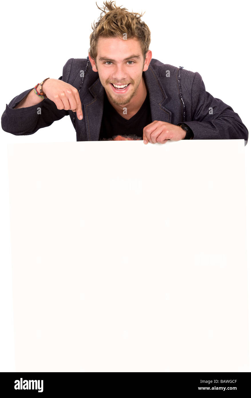 casual guy pointing an add Stock Photo - Alamy